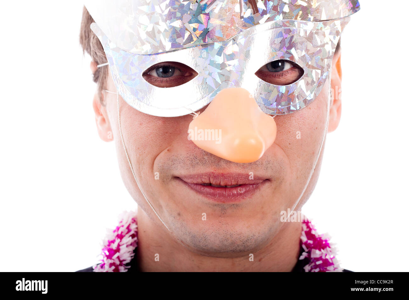Smiling man wearing party mask, isolated on white background Stock ...