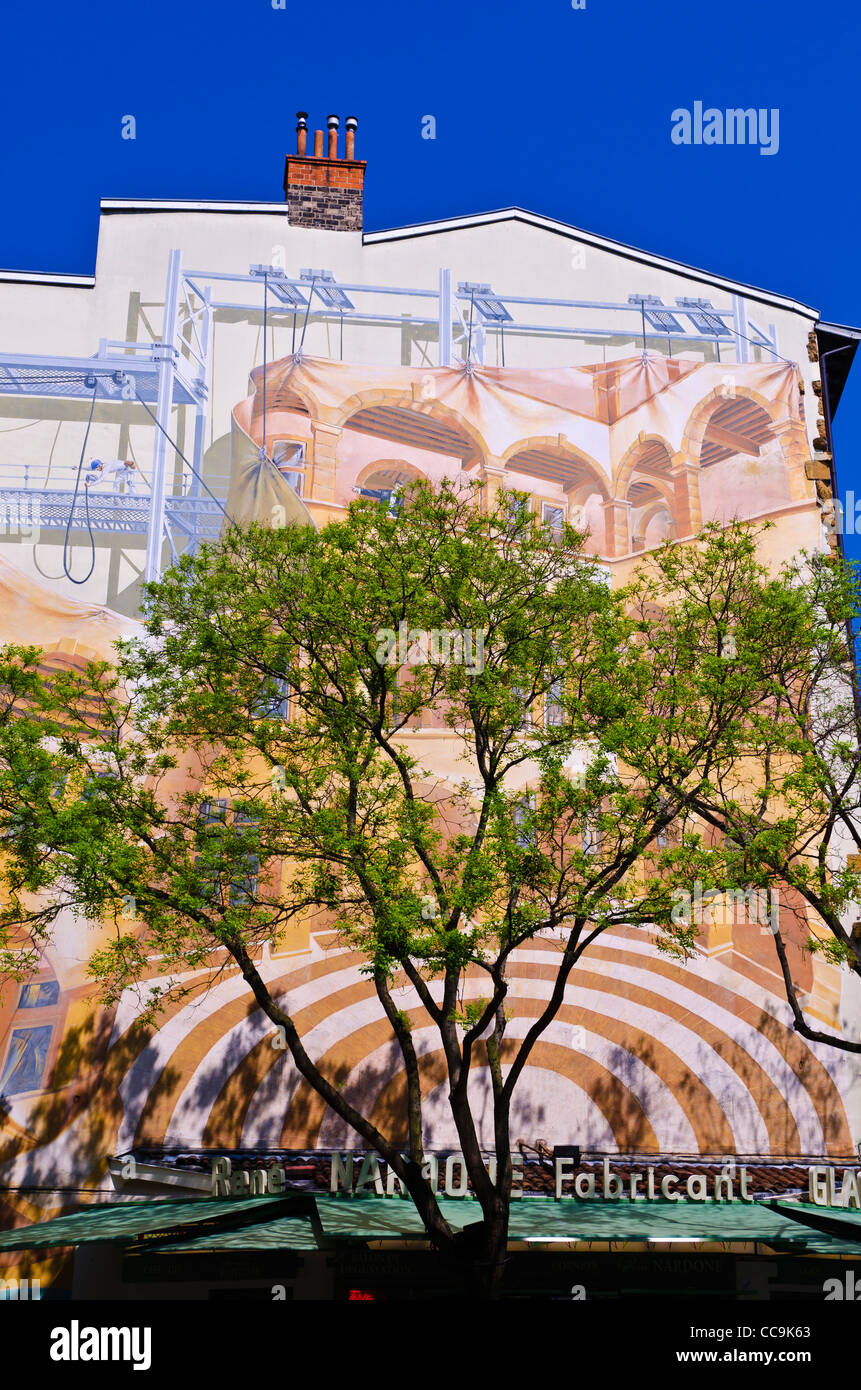 Mural and tree, Lyon, France (UNESCO World Heritage Site Stock Photo ...