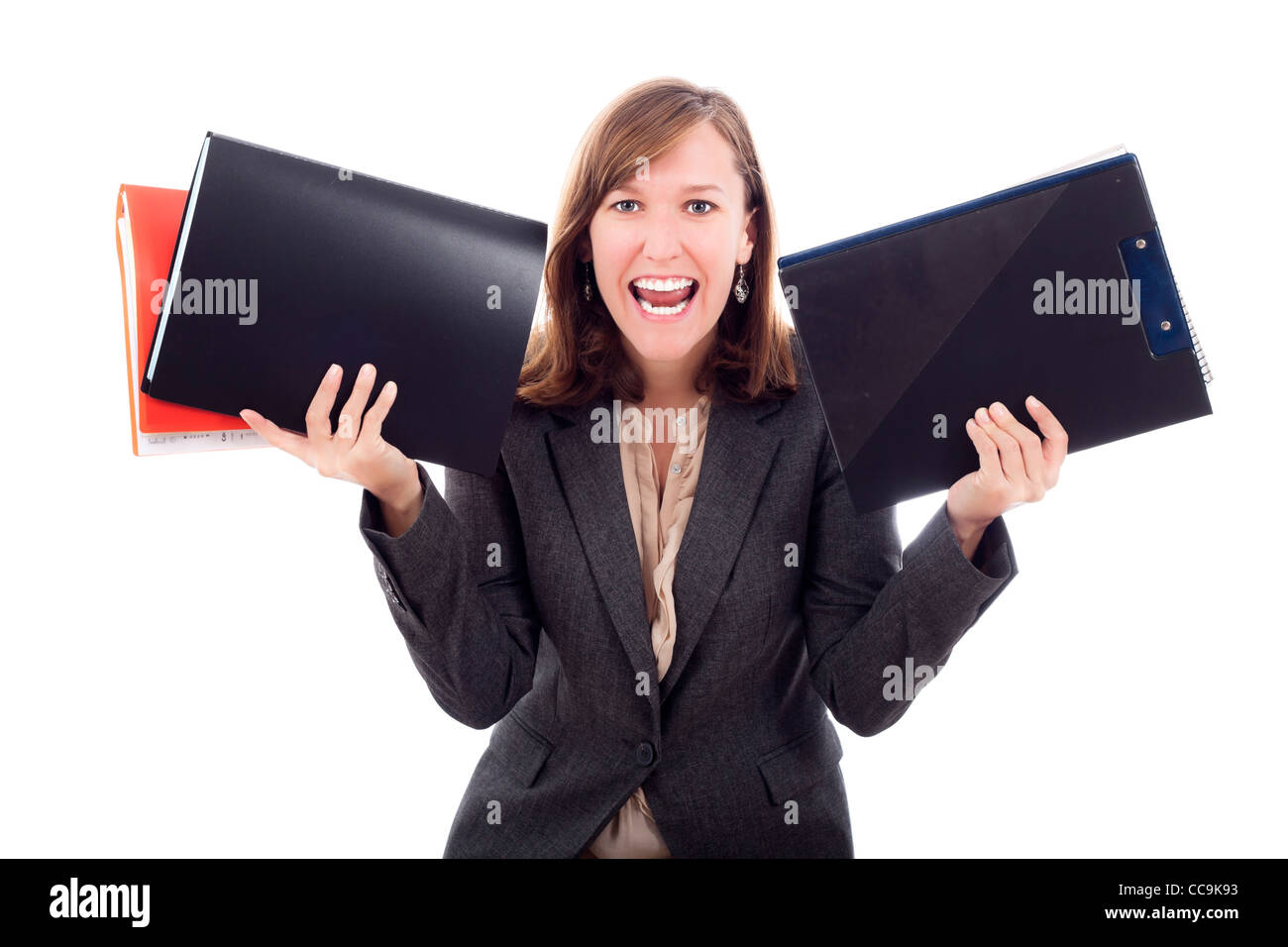Happy excited young business woman holding files, isolated on white ...