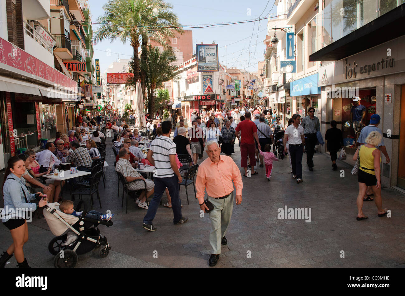 pedestrian zone, shopping area in the old town of Benidorm, Spain Stock ...