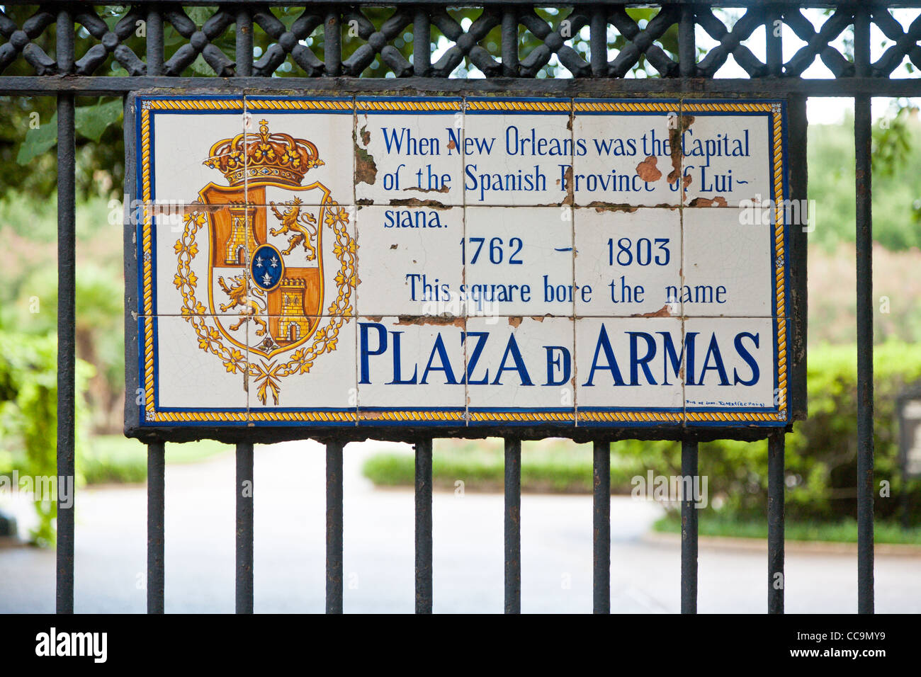 Plaque on wrought iron fence around Jackson Square in the French ...