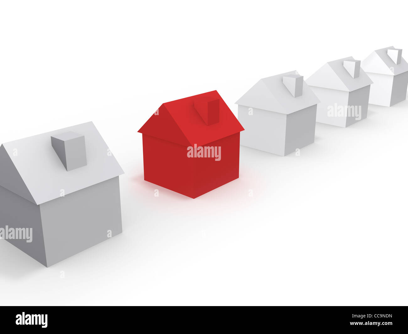 Row of white houses with one red house standing out. On a white ...