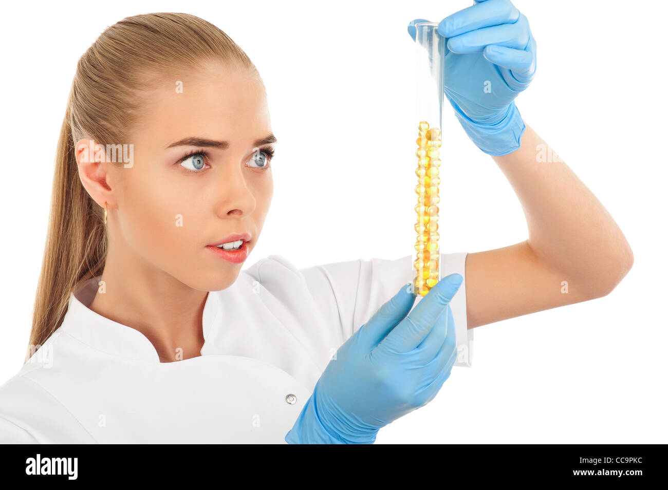Isolated scientist woman in lab coat with chemical glassware. Making ...