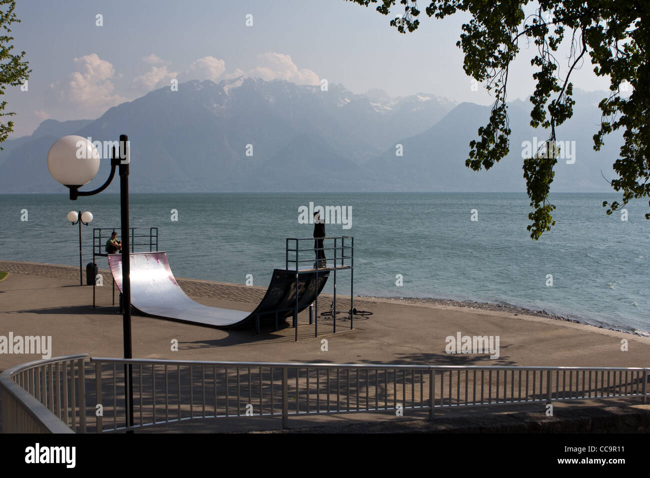 Ramp for skates on the shore of Lake Geneva, in the town of Vevey, near ...