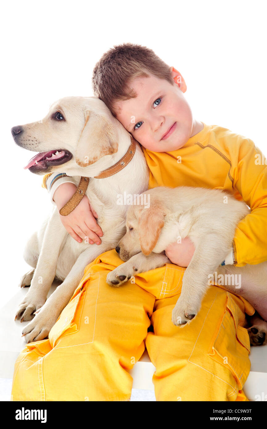 Handsome Young Boy Playing with His Two Dogs Against White Background ...