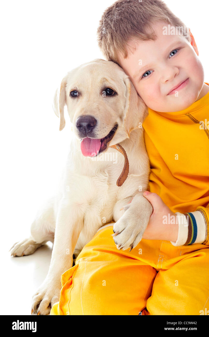 Handsome Young Boy Playing with His Dog Against White Background Stock ...