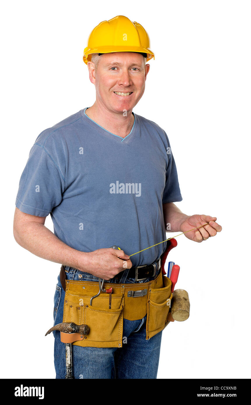 Construction worker on white background holding tools Stock Photo - Alamy