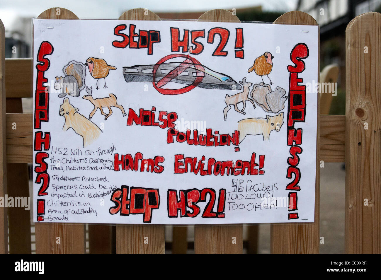 Anti-HS2 posters, drawn by local school children, are seen outside a ...