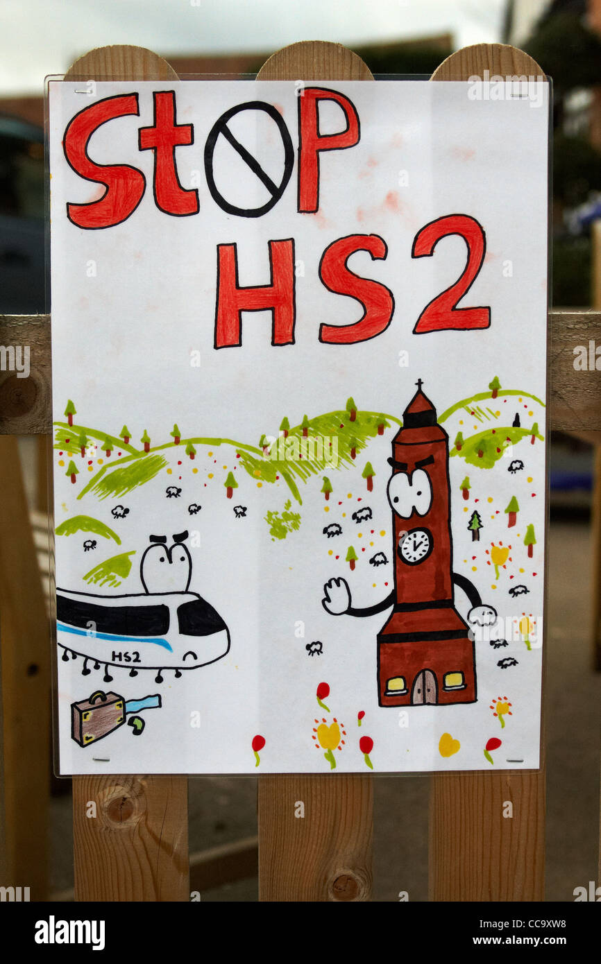 Anti-HS2 posters, drawn by local school children, are seen outside a ...