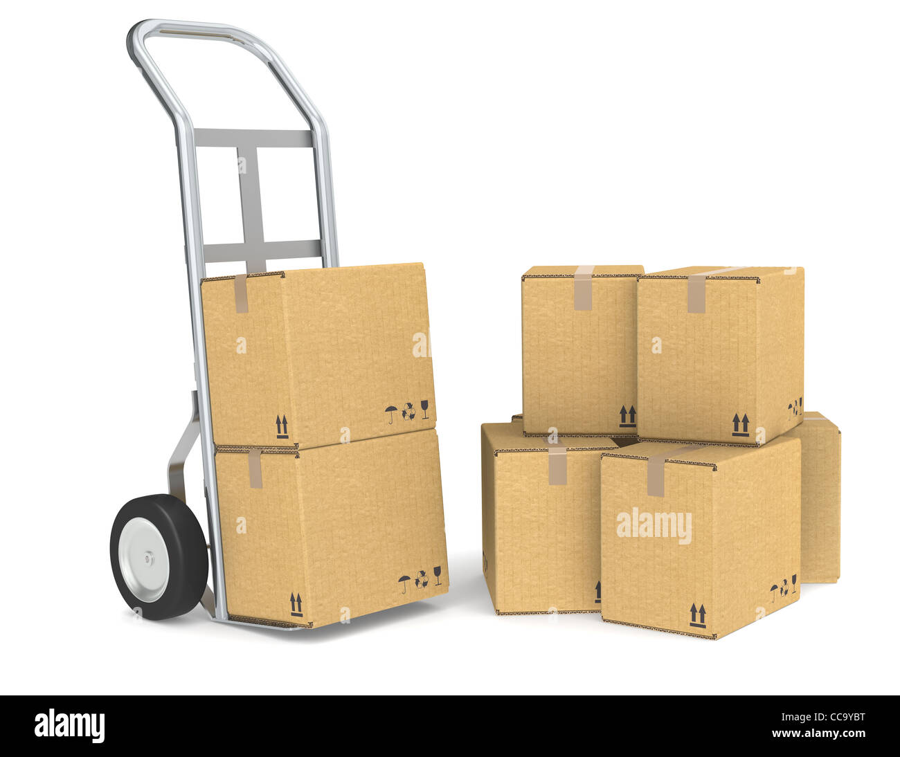 Hand truck with a Pile of cardboard boxes. Part of warehouse and ...