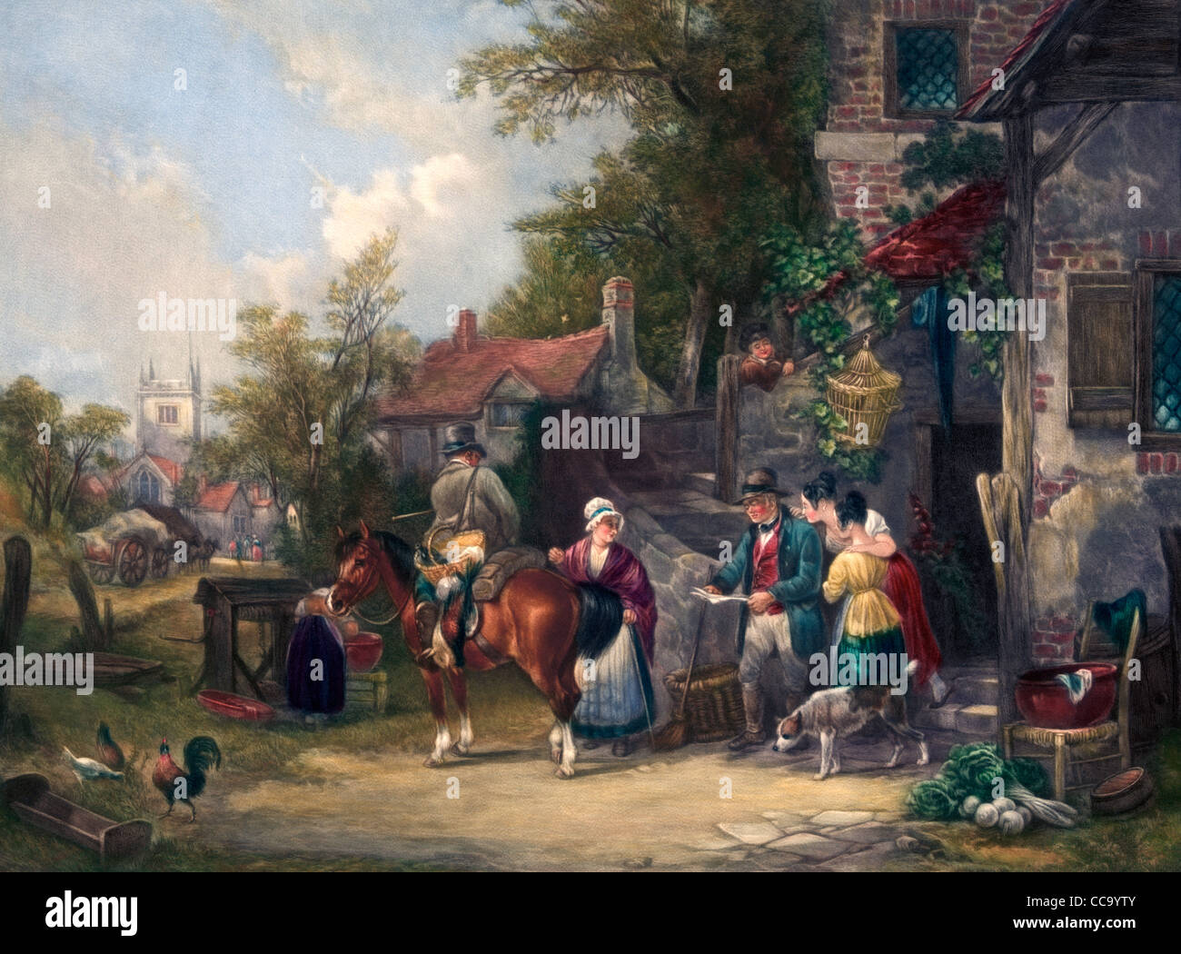 The village postman - postman delivers mail in bygone era Stock Photo ...