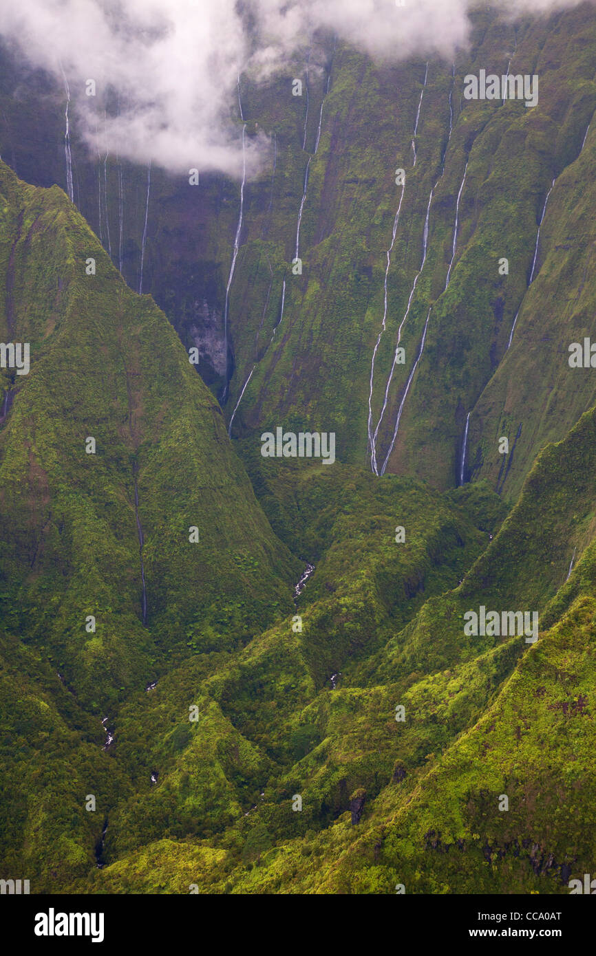 Aerial of waterfalls on Mt. Waialeale, Kauai, Hawaii. This spot is ...