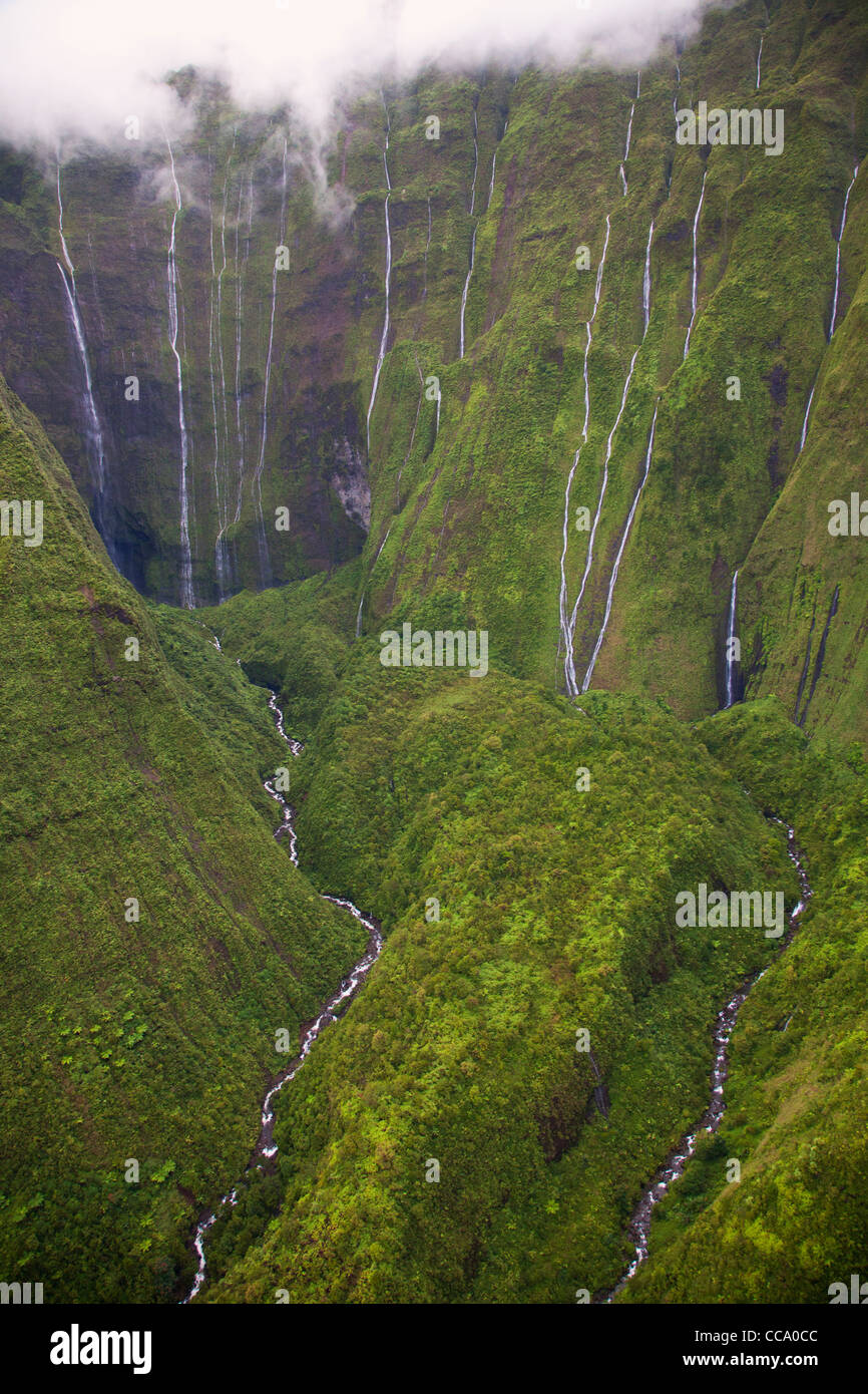 Aerial of waterfalls on Mt. Waialeale, Kauai, Hawaii. This spot is ...