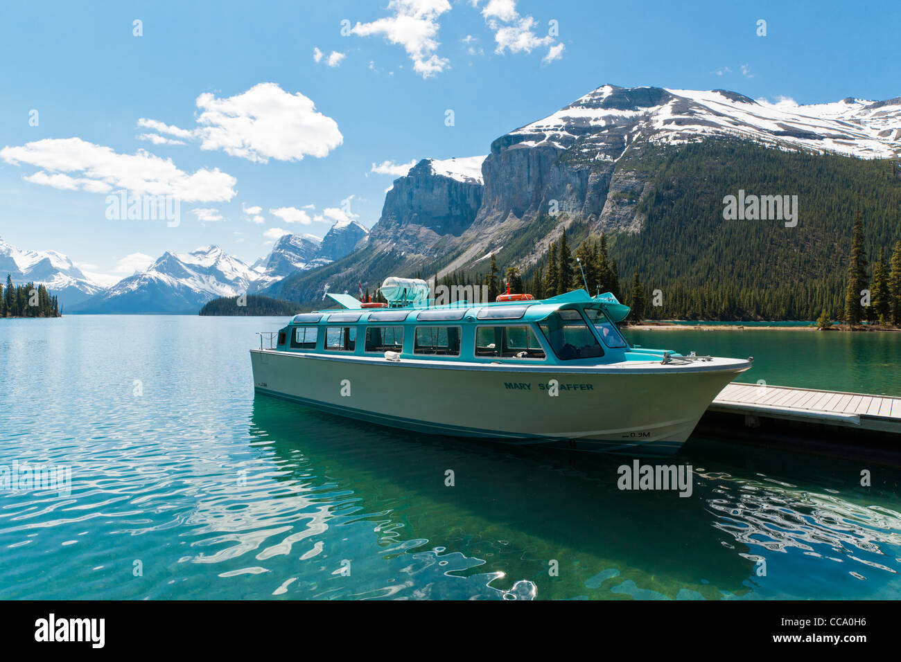 The tour boat Mary Schaffer sits at a finger dock at Spirit Island on ...