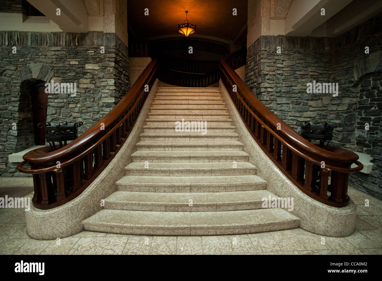 A marble staircase in the main entry hall of the Banff Springs Hotel ...