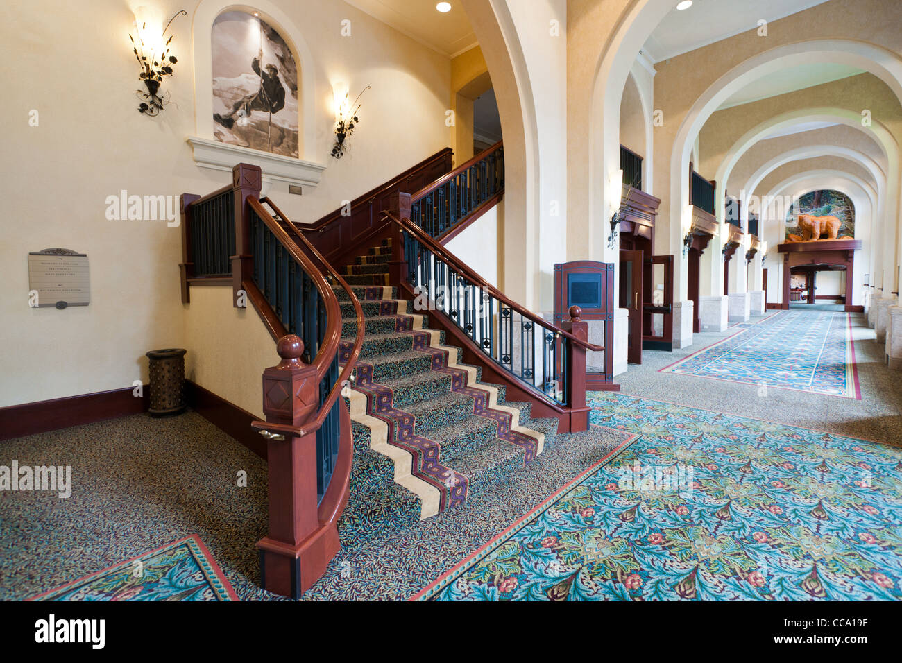 A staircase and hallway inside Fairmont's Chateau Lake Louise, Alberta ...
