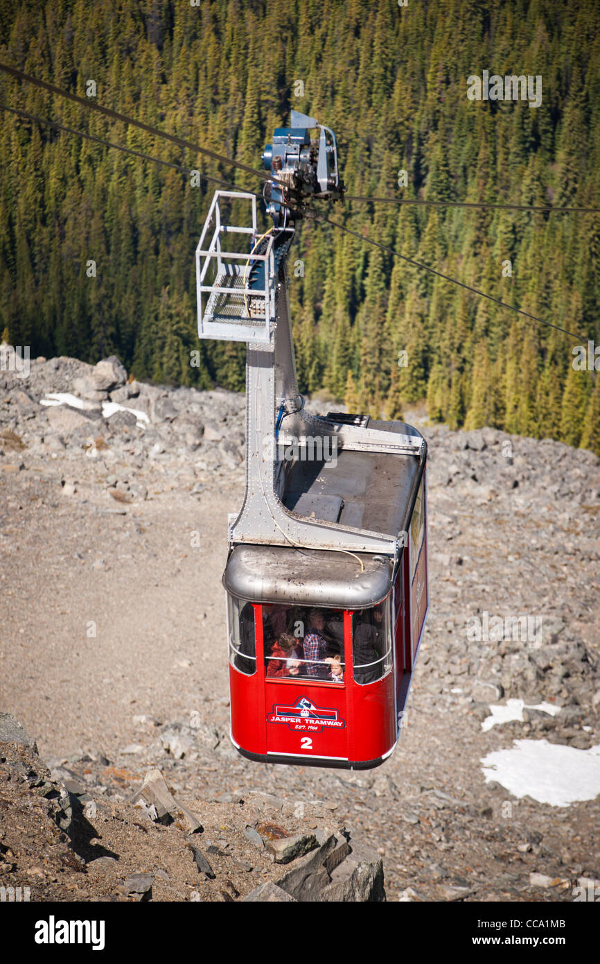 The Jasper tramway gondola approaches the upper terminal Stock Photo ...