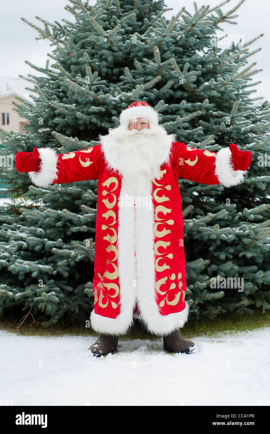 Full Length Portrait of Santa Claus standing with open hands outdoors ...