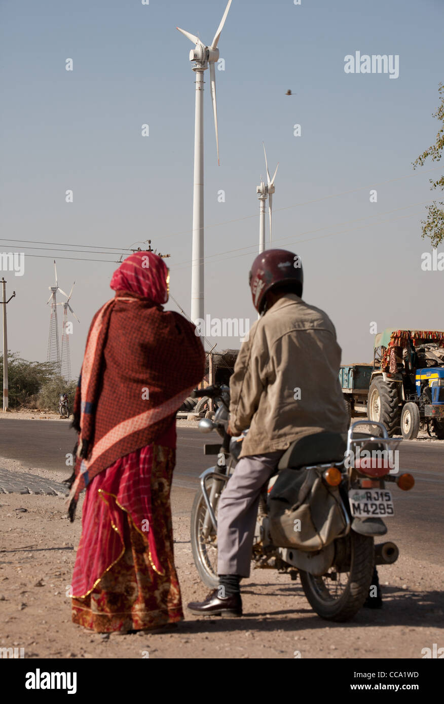 Modern wind power turbines and wind farm near Bada Bagh mausoleums for ...