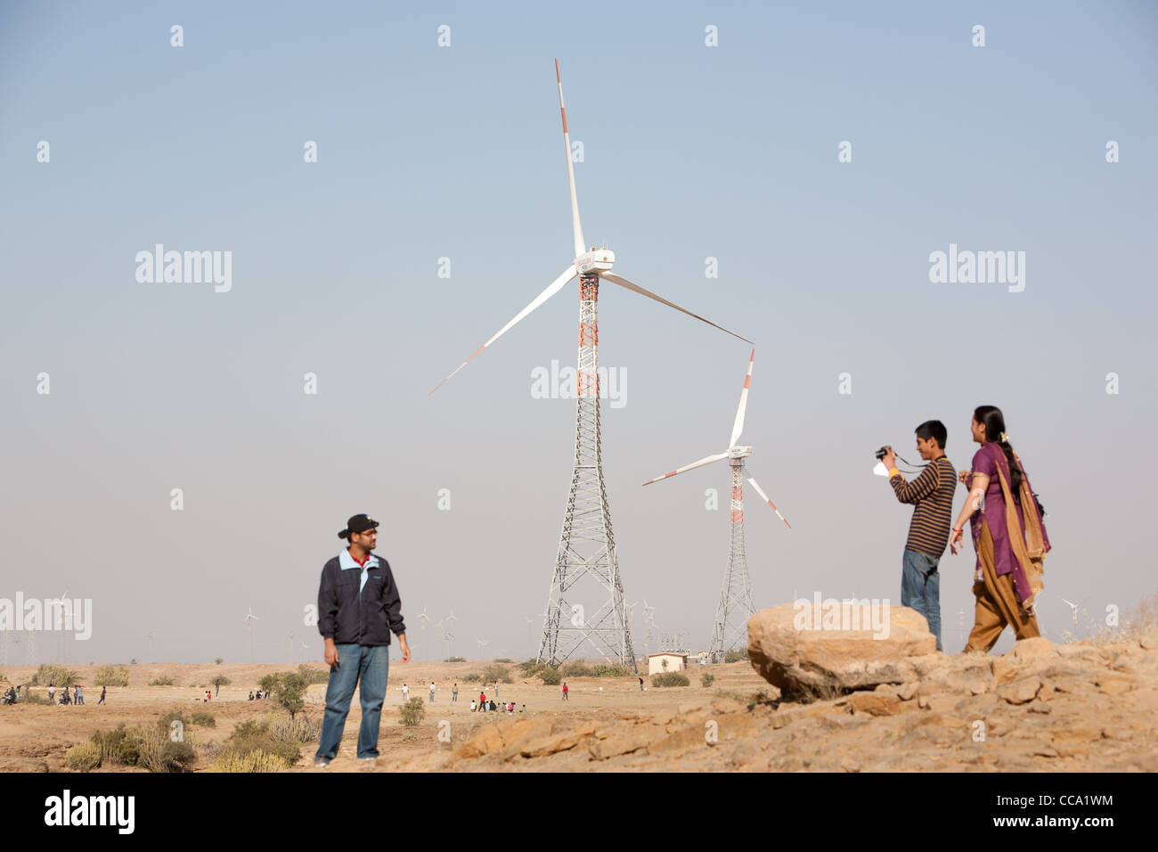 Modern wind power turbines and wind farm near Bada Bagh mausoleums for ...