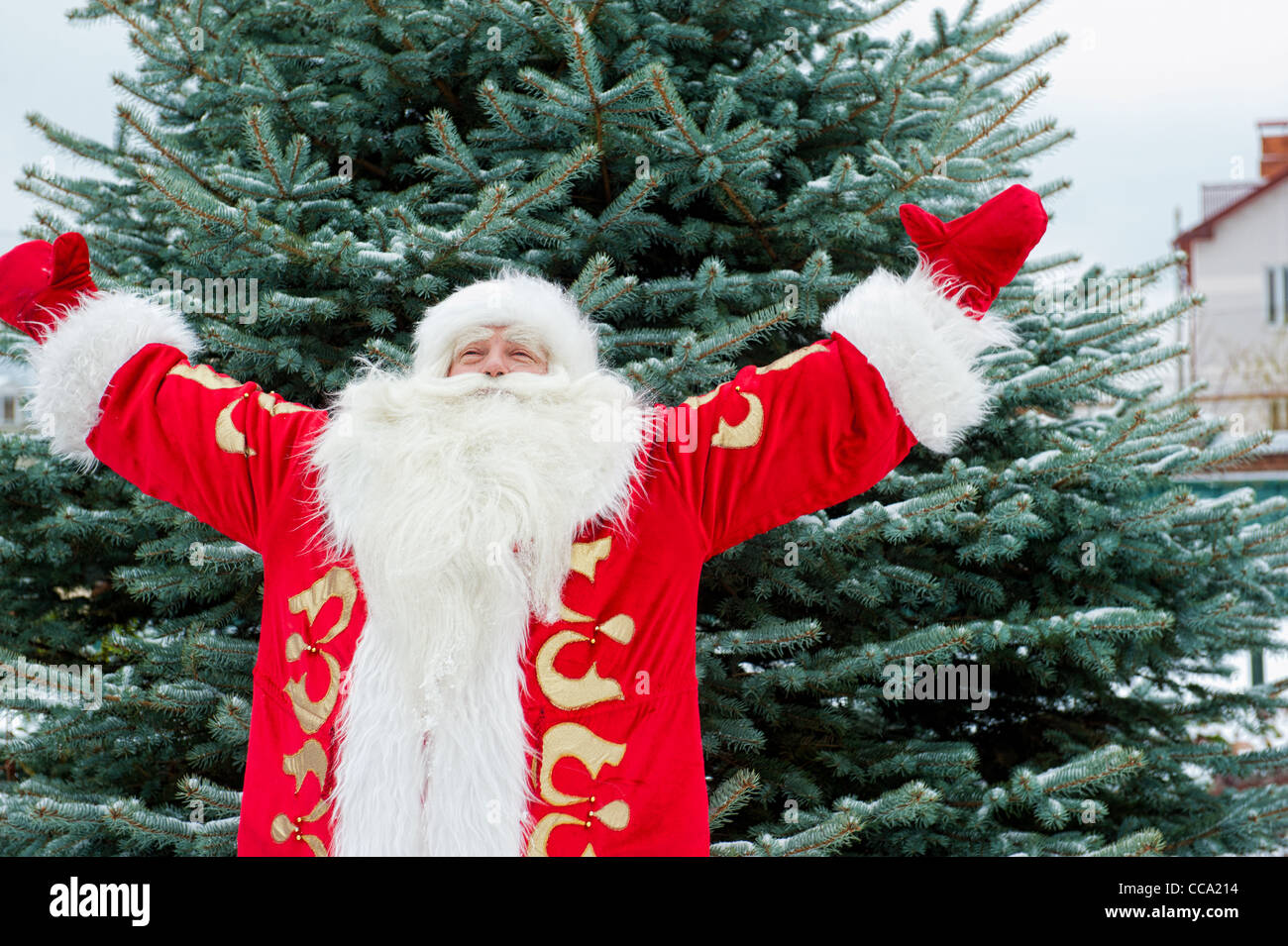 Portrait of Santa Claus standing with open hands outdoors at christmas ...