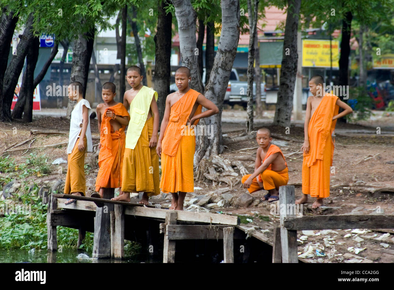 A group of young Buddhist monks are standing at the edge of a pond at a ...