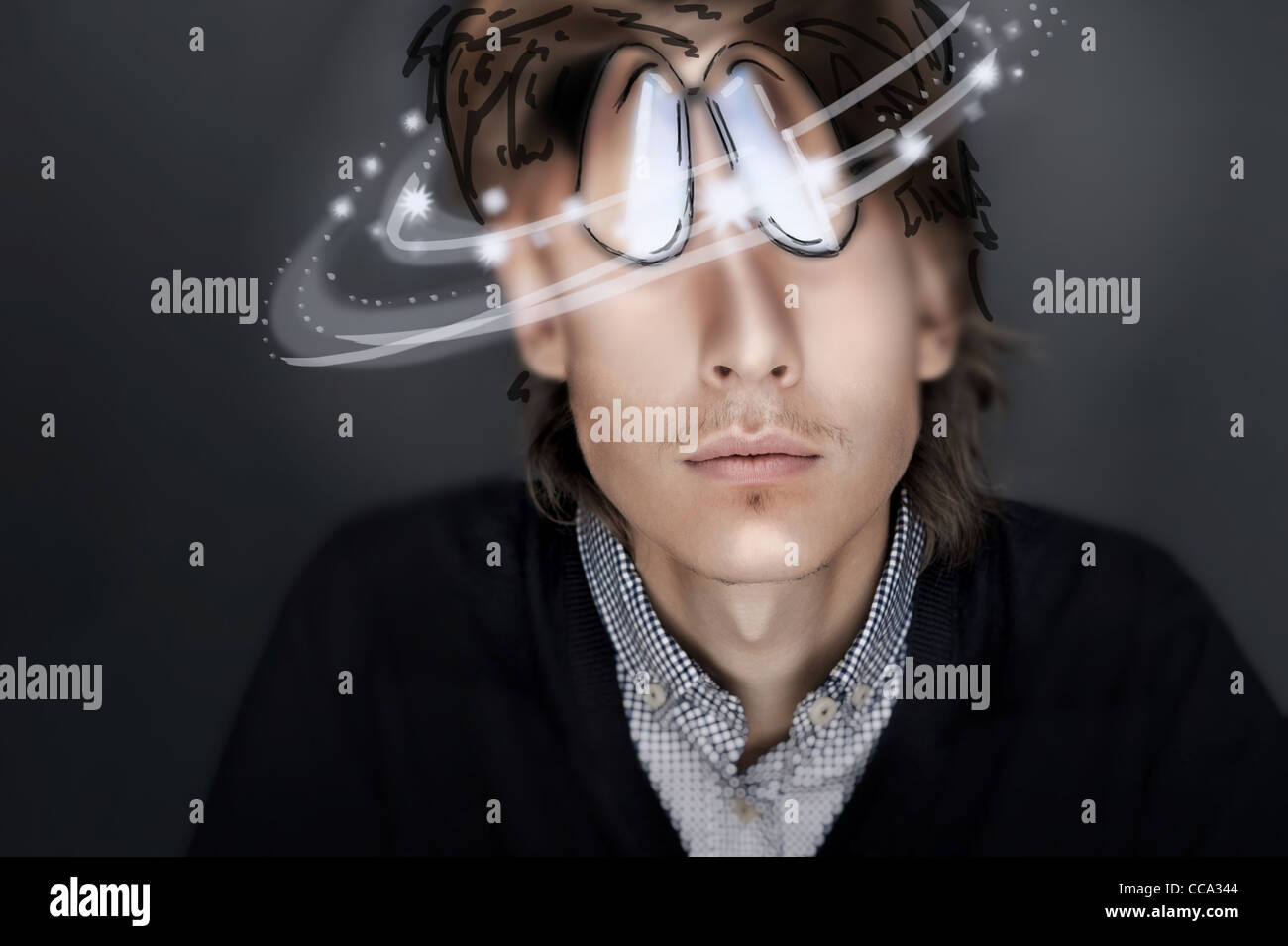 Young Business man against gray background. Distorted head and circles ...
