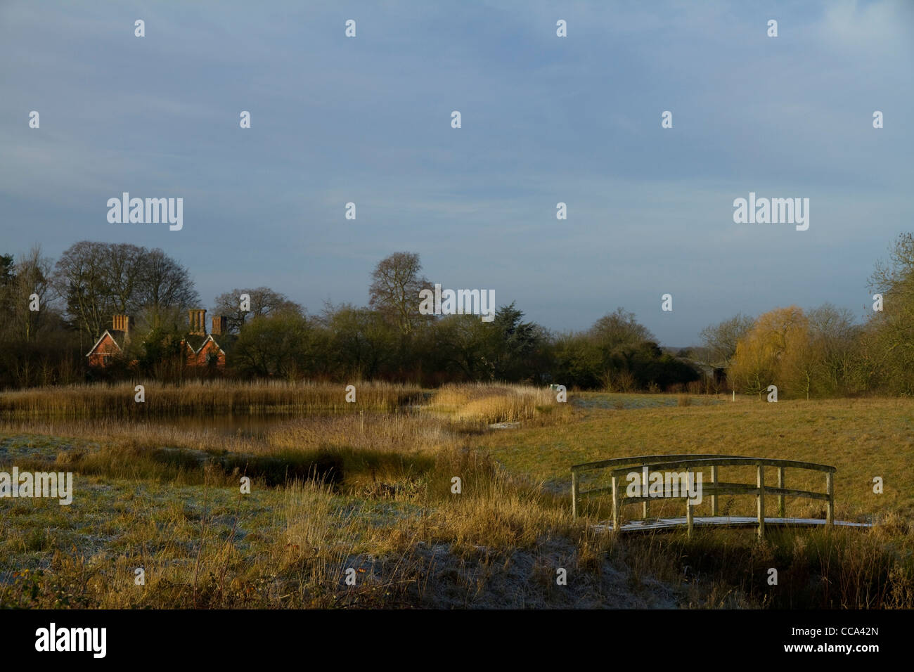 A small footbridge crosses a stream next to a lake surrounded by trees ...