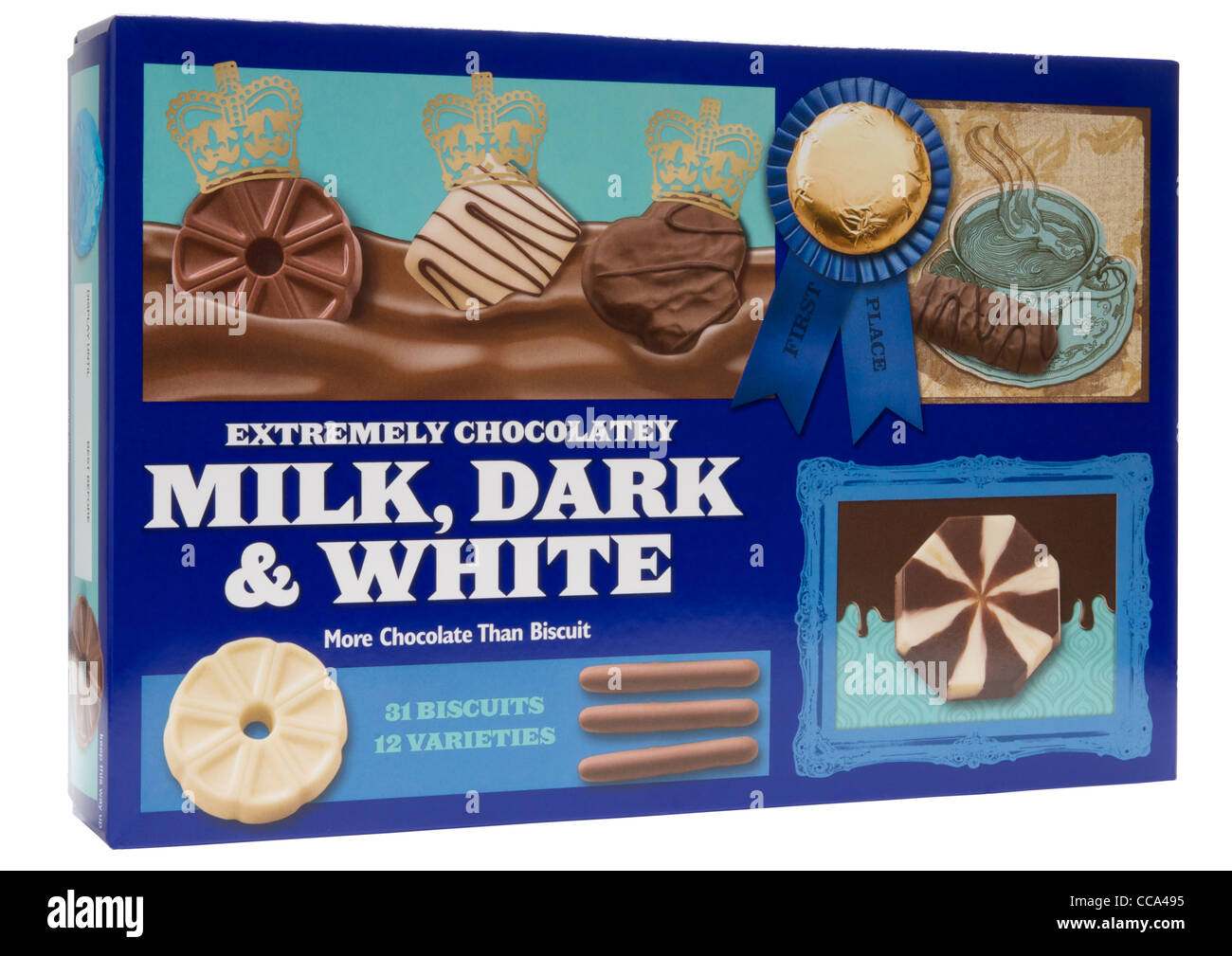 Box of milk, dark and white chocolate biscuits on white background ...