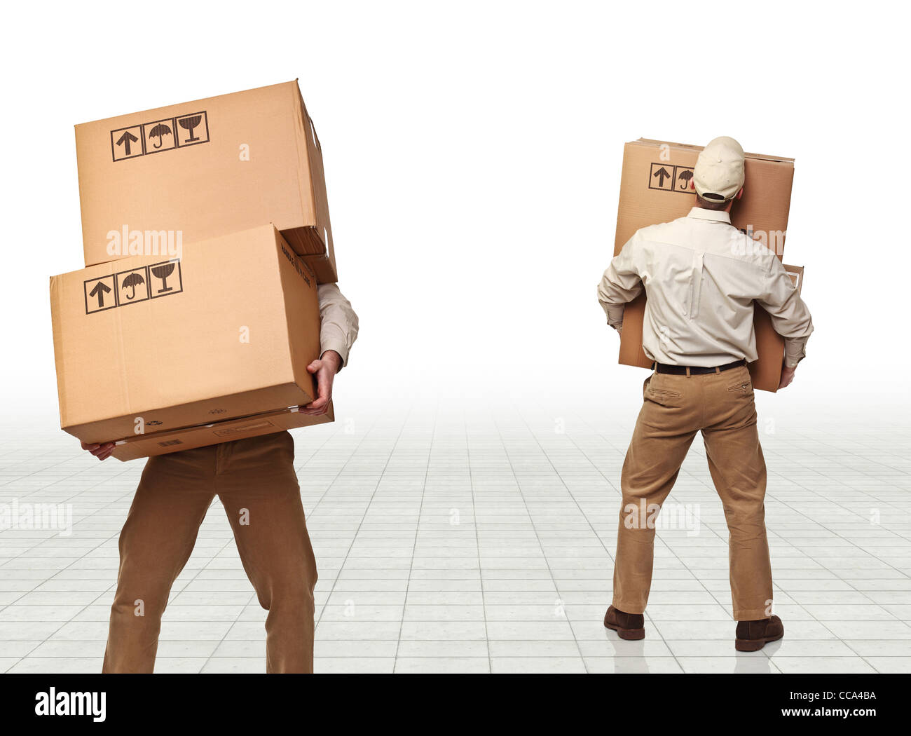 two delivery man with lots of boxes Stock Photo - Alamy