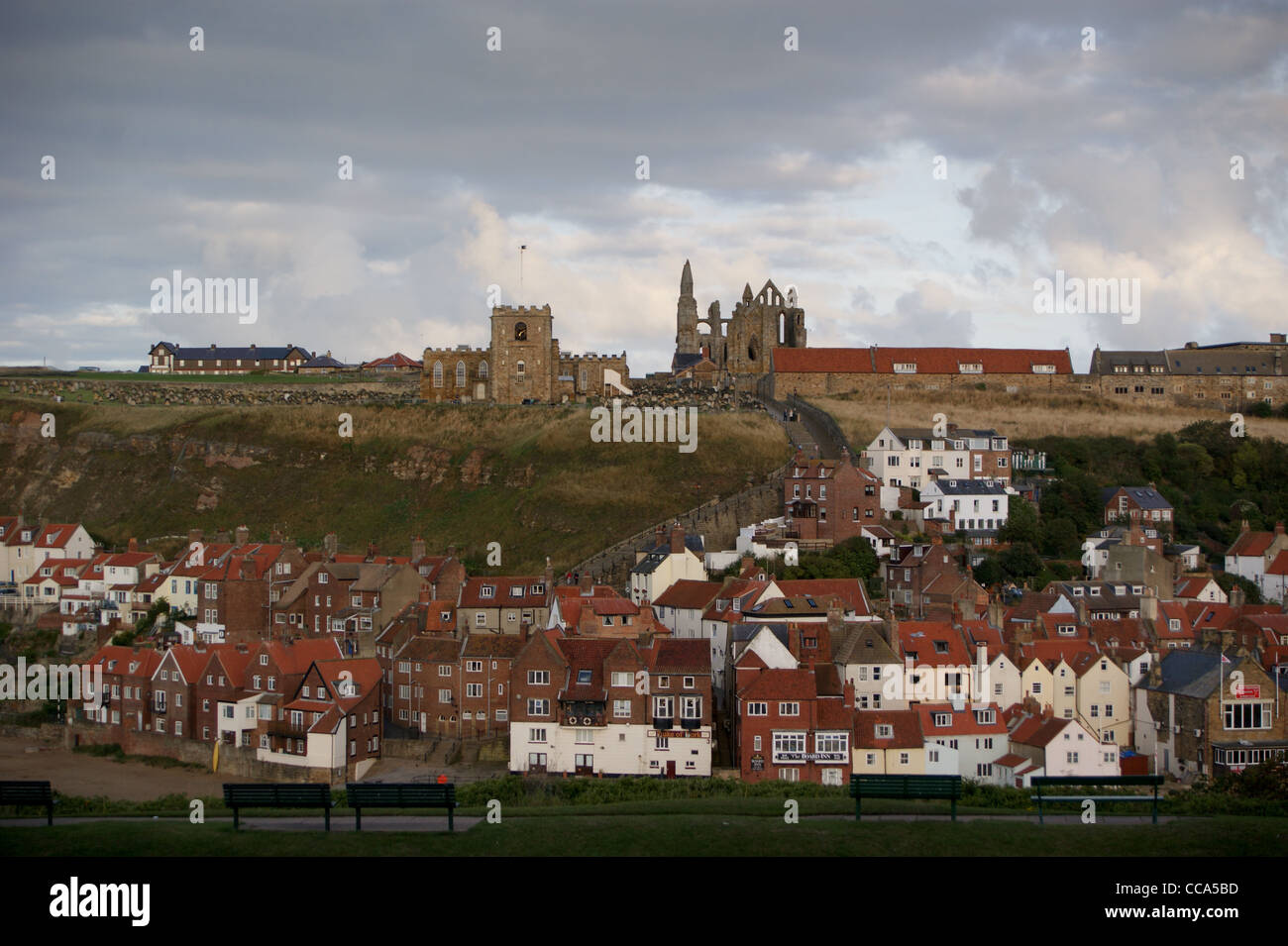 Church of St. Mary and Whitby Abbey above the harbour, Whitby, North ...