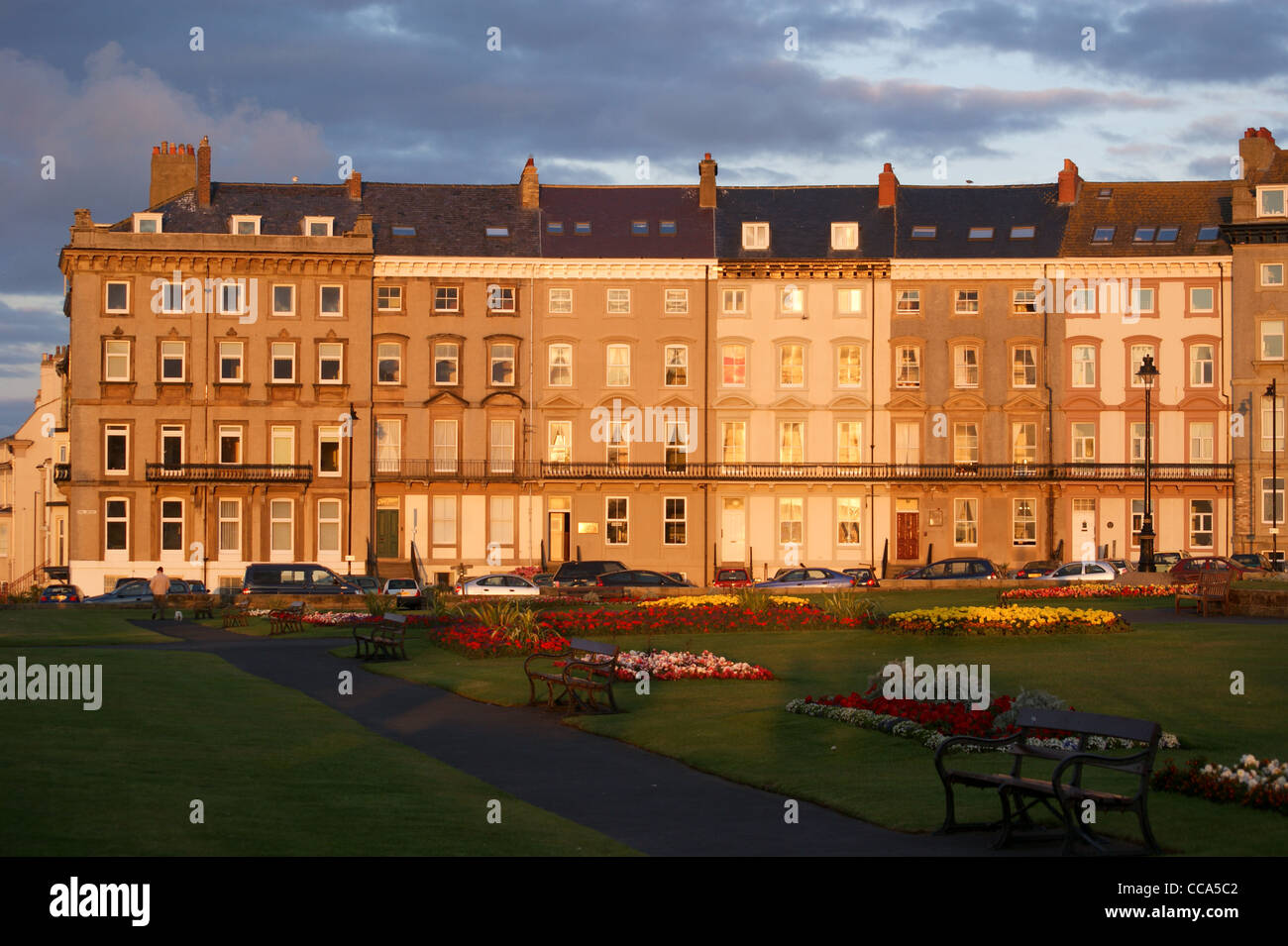 Seafront hotels, sunset, West Cliff, Whitby, North Riding, Yorkshire ...