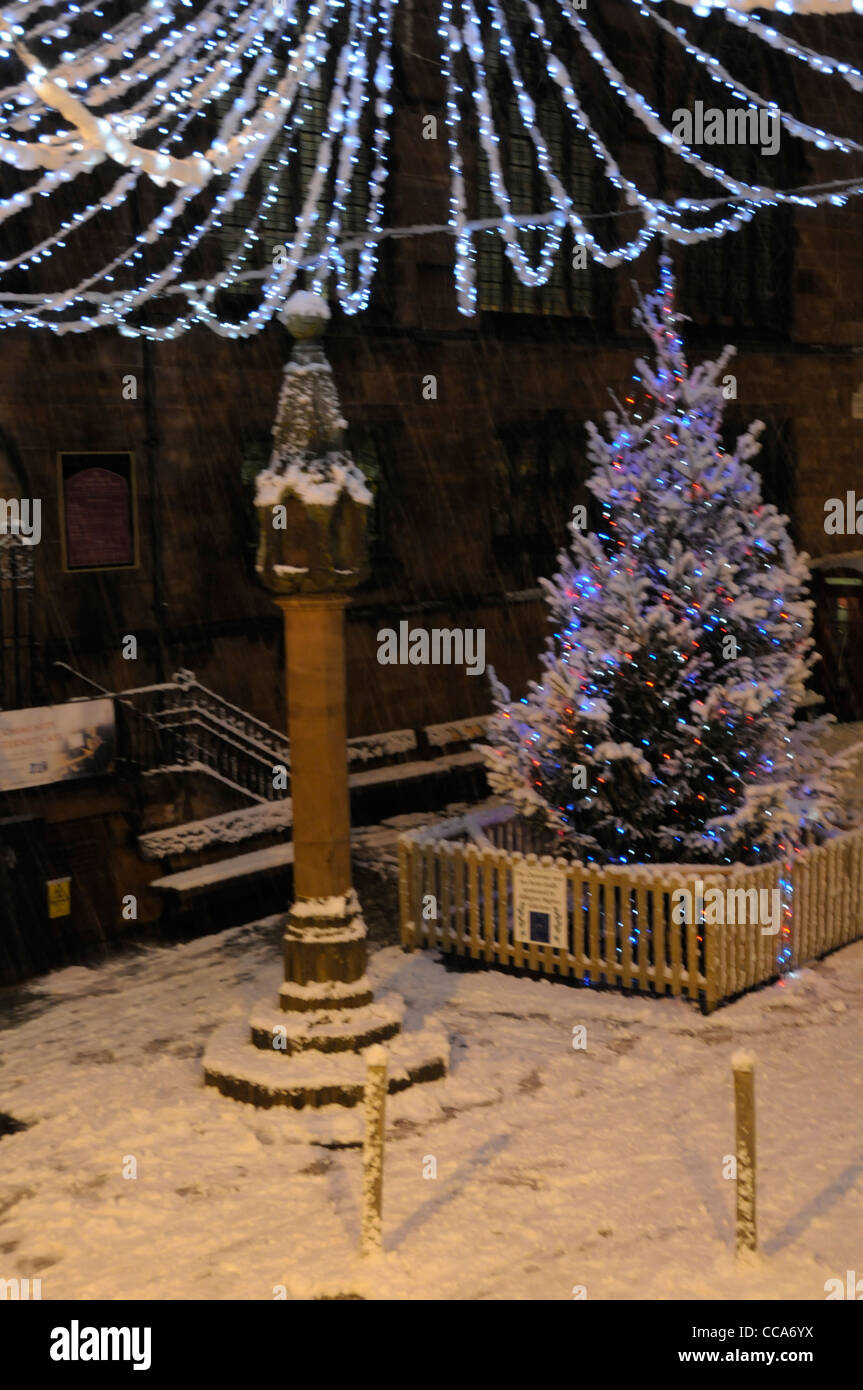 The Roman City of Chester at night during the winter covered in snow ...
