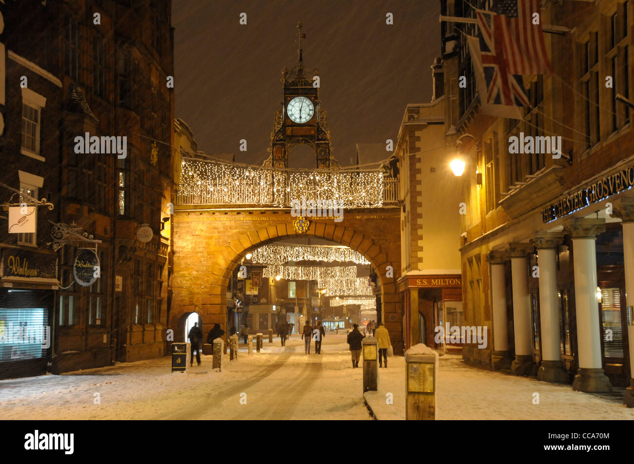 Eastgate Clock in Chester at night in the snow Stock Photo - Alamy