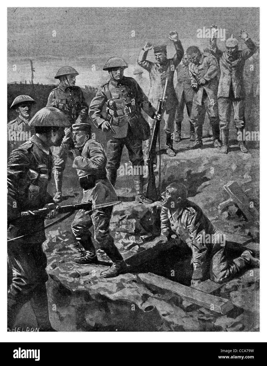 1916 40 German Hun surrender to 4 Yorkshire men British dug out trench ...