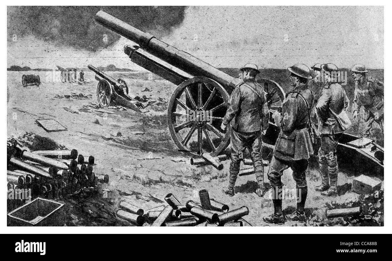 1918 August British artillery gunner firing captured German gun ...