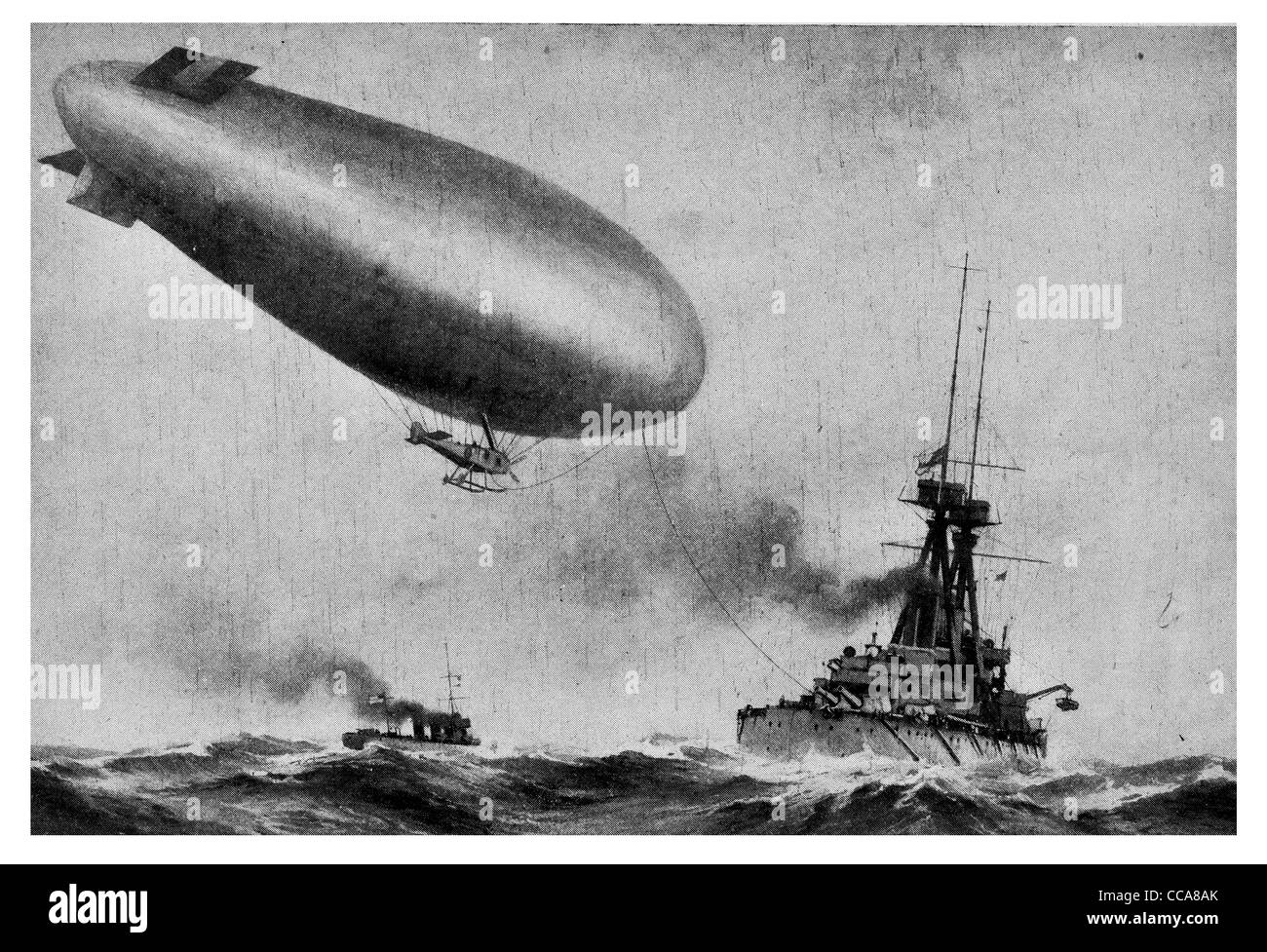 1916 British Warship towing Airship against strong wind Balloon scouts ...