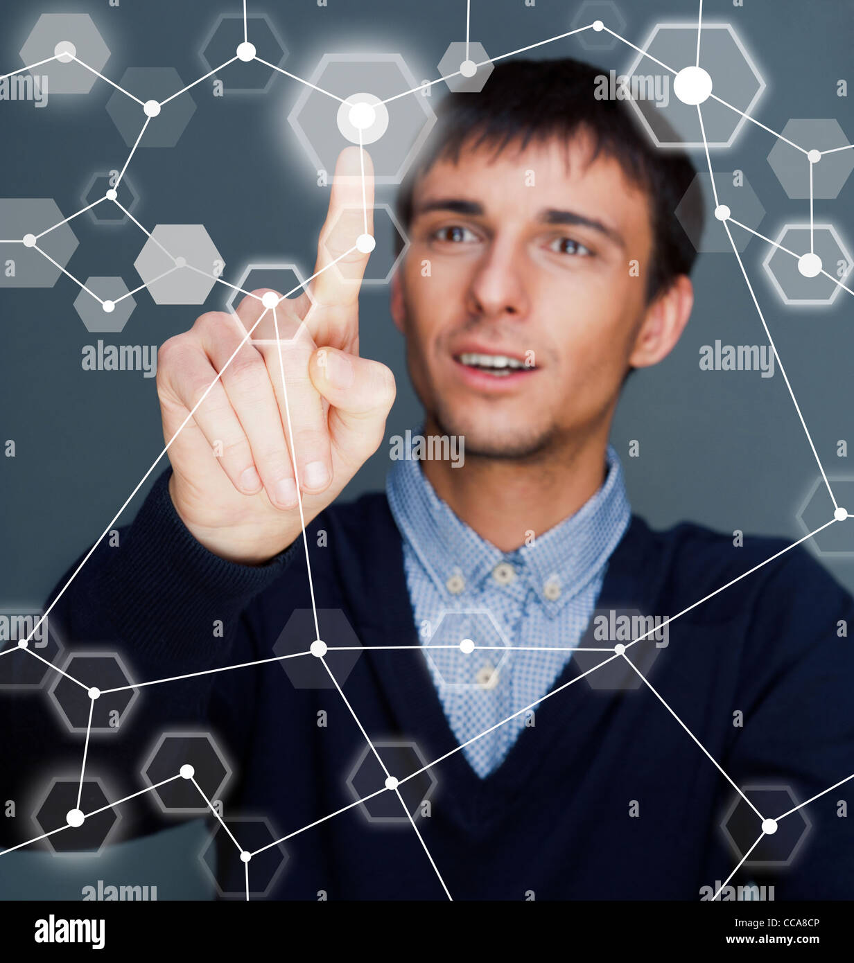 Business man pressing digital button, futuristic technology Stock Photo ...
