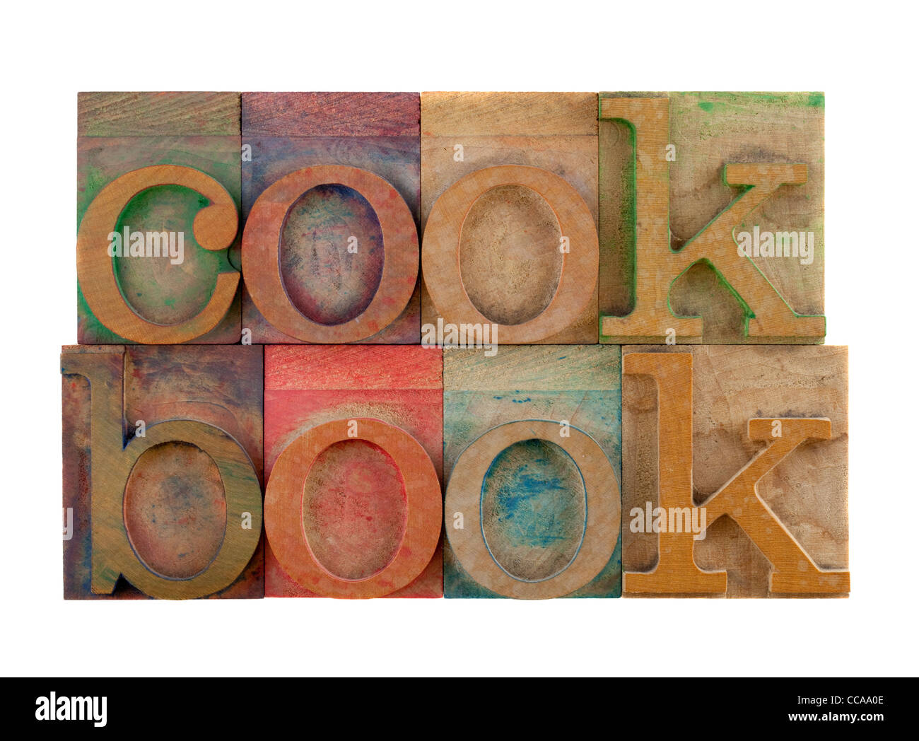 the word cookbook in vintage wooden letterpress type blocks, stained by ...