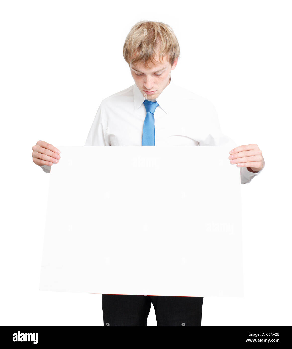 Business man looking down on sign Stock Photo - Alamy