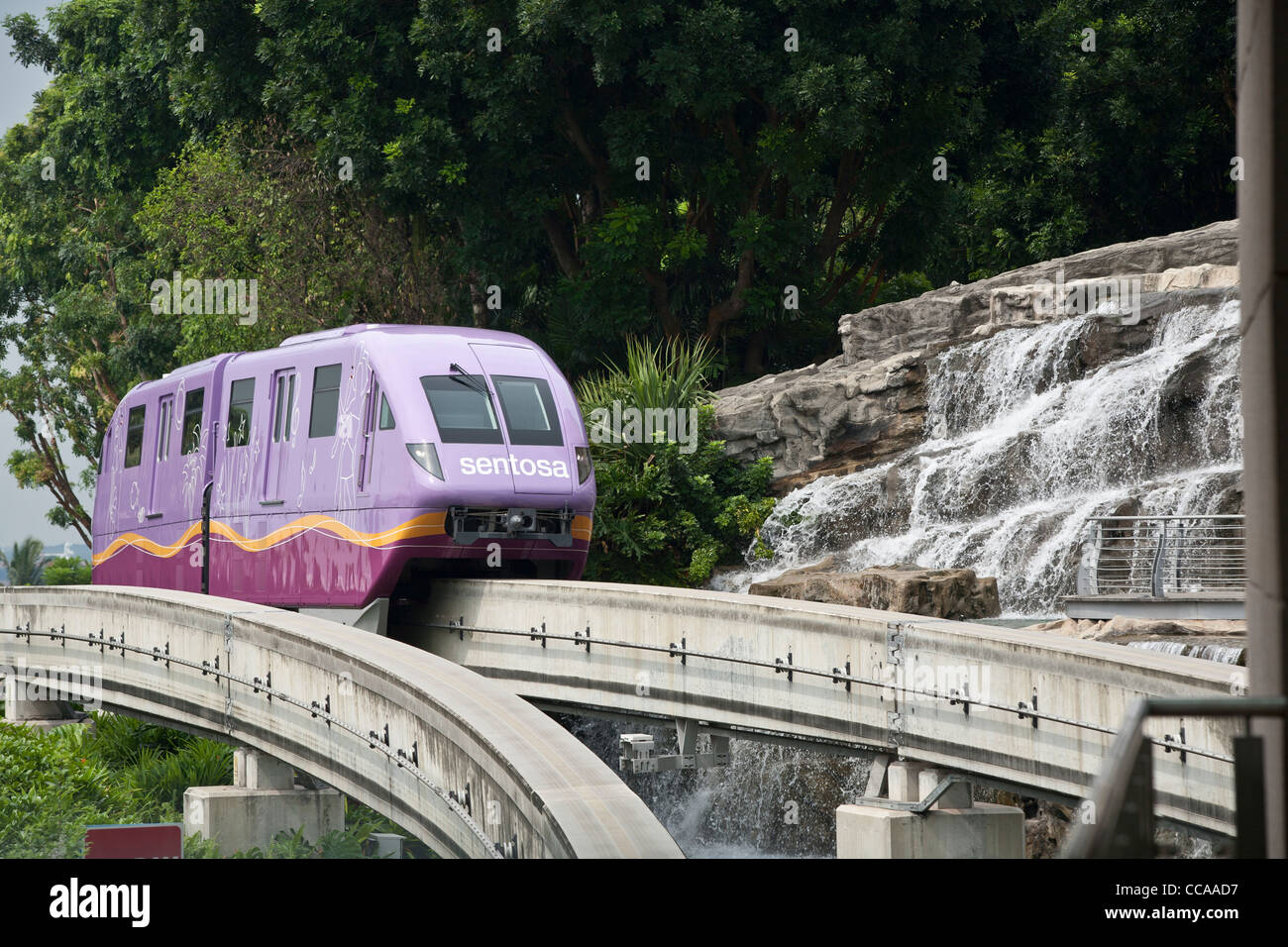 The Sentosa Express monorail approaches a station on Sentosa Island in ...