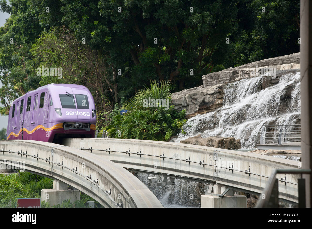 The Sentosa Express monorail approaches a station on Sentosa Island in ...