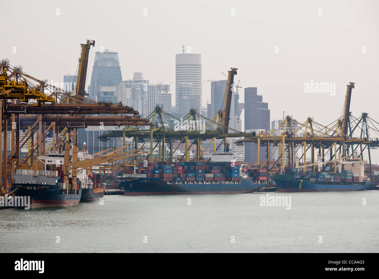 Container ships are moored at the quayside of the Brani Terminal at the ...