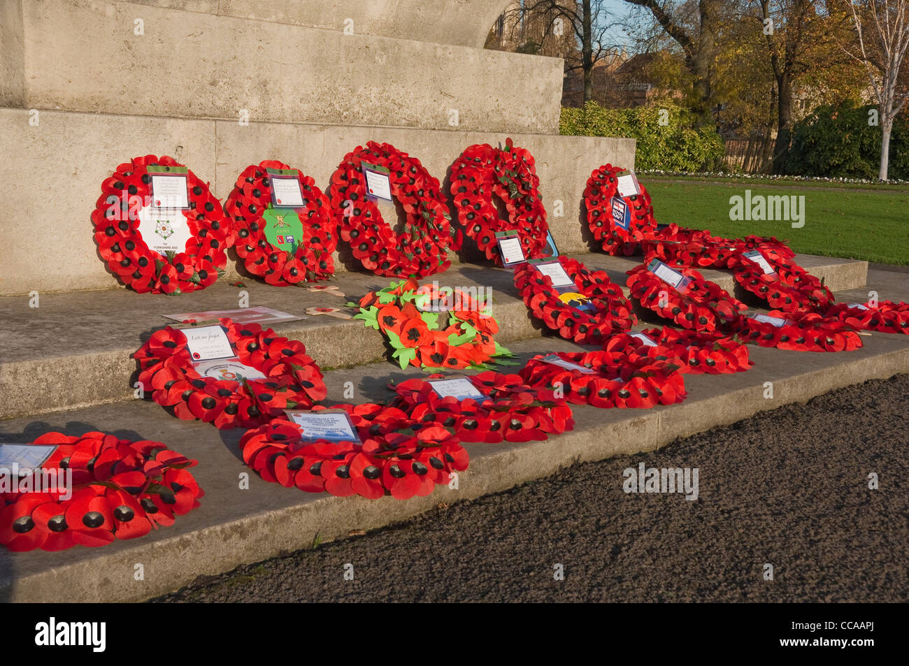 Poppy wreaths wreath on the City War Memorial in Memorial Gardens ...