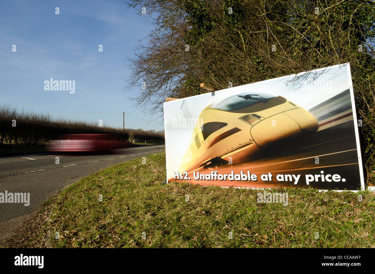 A large roadside HS2 protest poster at the side of the A413 near ...