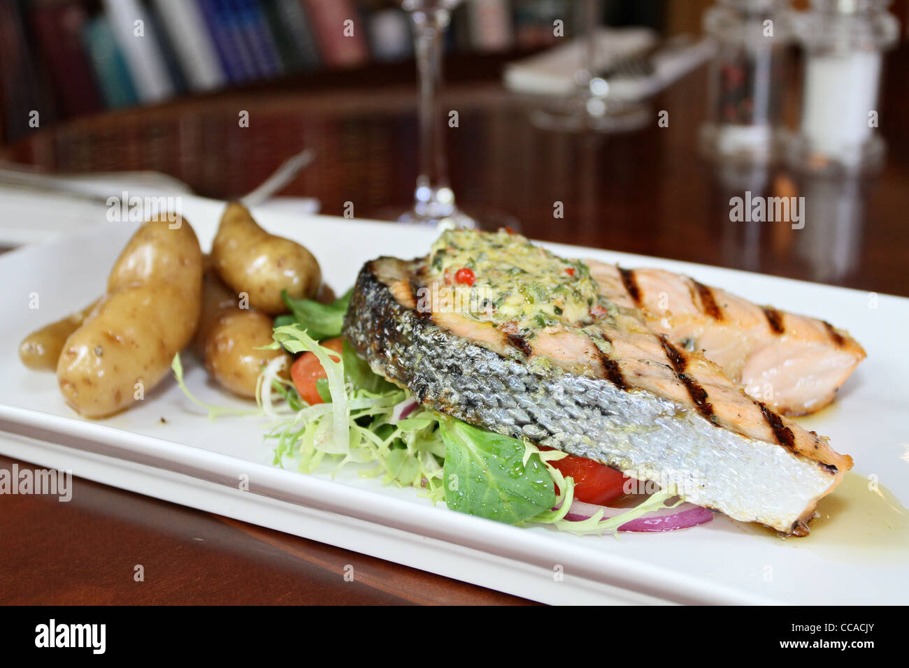 Seared line caught Scottish Salmon served with fresh new potatoes ...