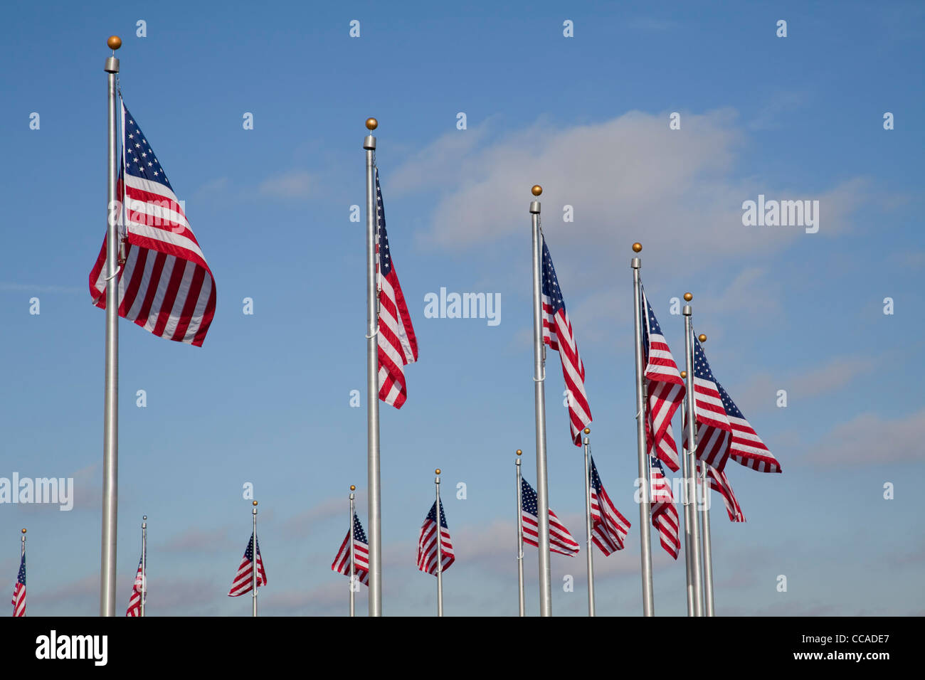 A series of Stars and stripes flags of the USA arranged in a circular ...