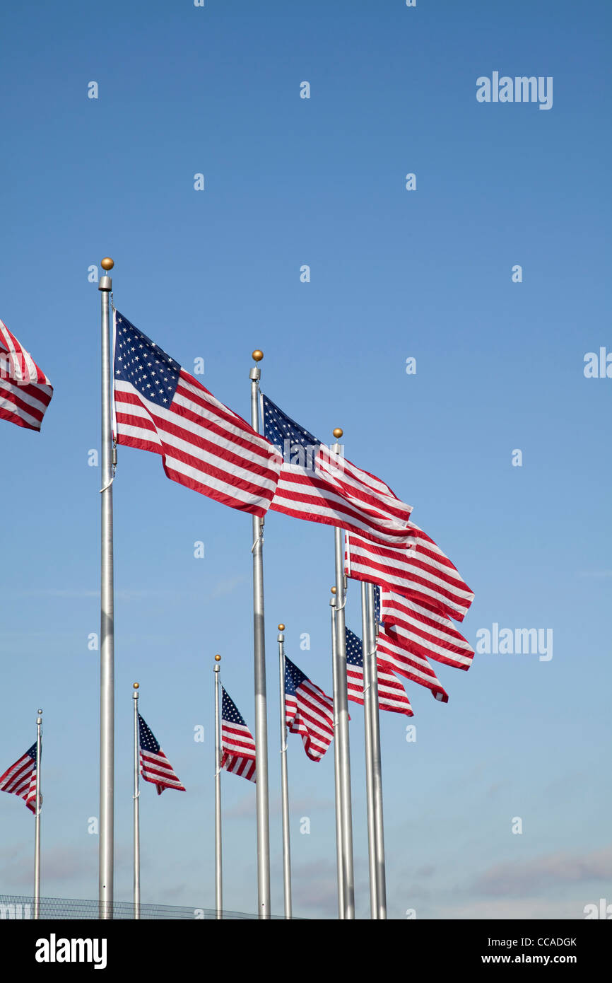 A series of Stars and stripes flags of the USA arranged in a circular ...