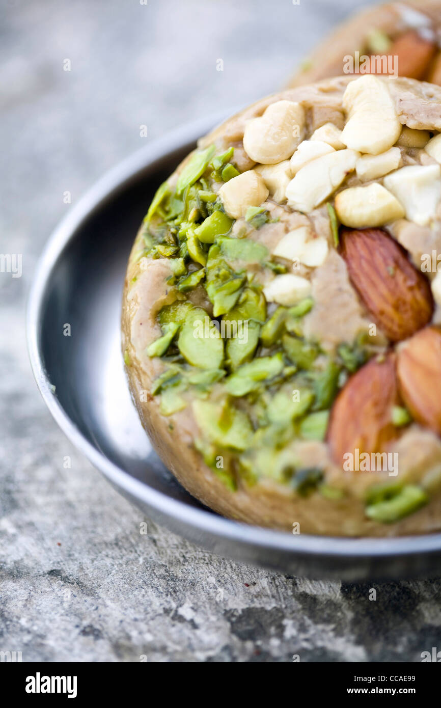 A bowl of Sohan halwa sweets at Ghantewala confectioners, Chadni Chowk ...
