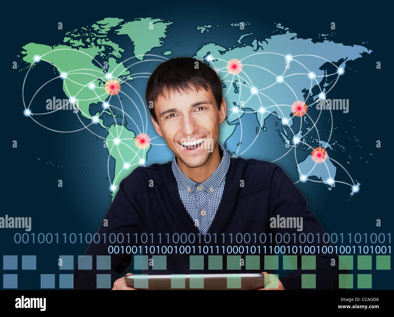 A business man is using the internet. A map of the Earth with glowing ...